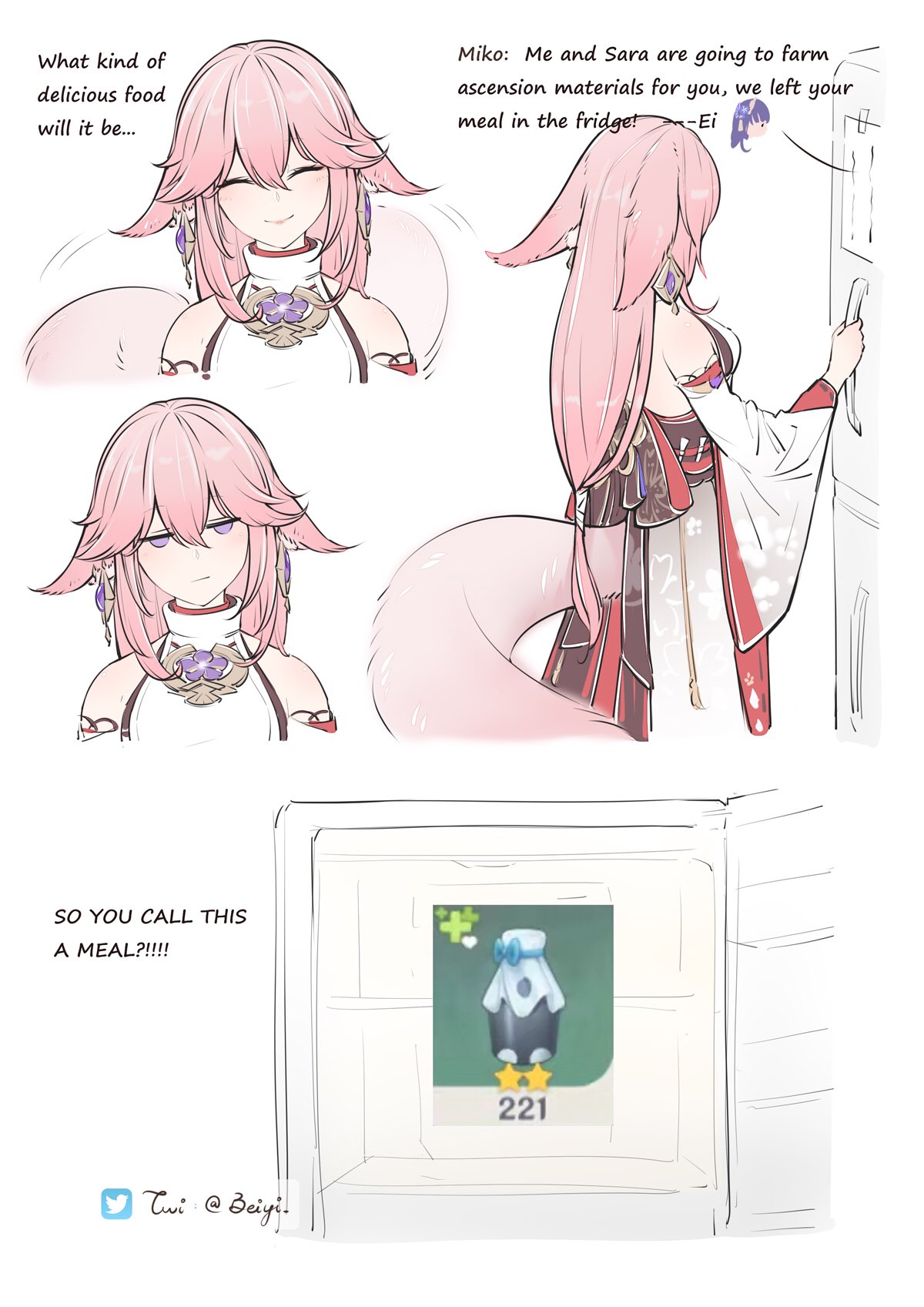 Beiyi on Twitter: "Inazuma trio’s dailies ‘So you call this a MEAL?!’ ‘你管这个叫饭是吗雷电影?!' (Idk what ...