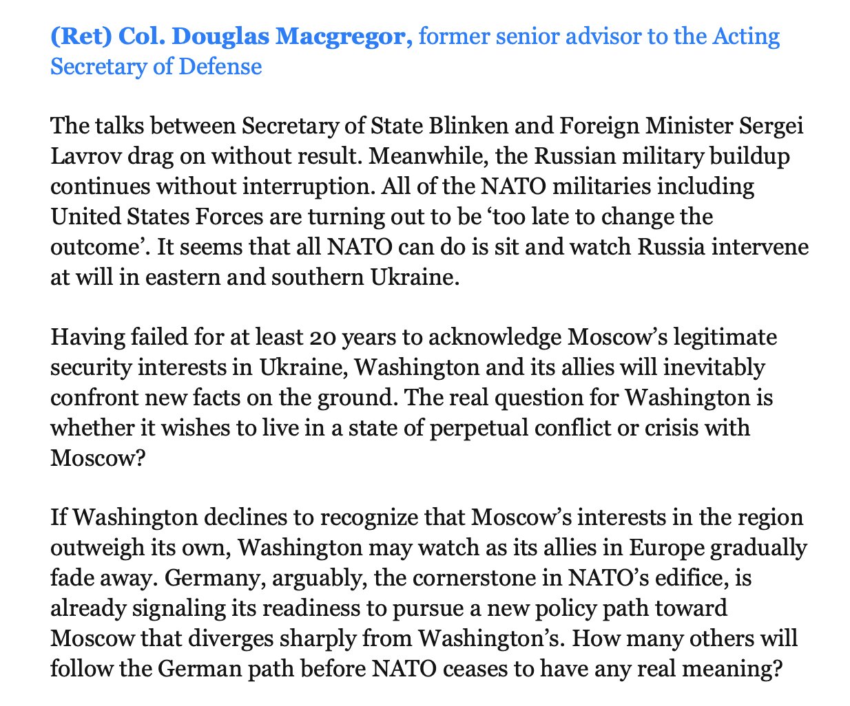 Quincy Institute on Twitter: "(Ret) Col. Douglas Macgregor: "Having failed for at least 20 years ...