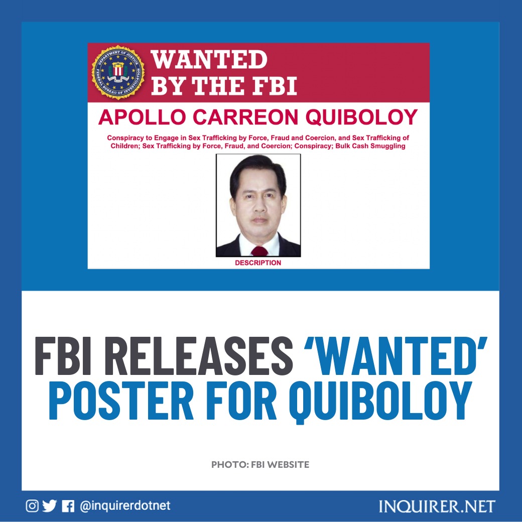 The FBI posted a stark picture of Apollo Quiboloy, with a description ...