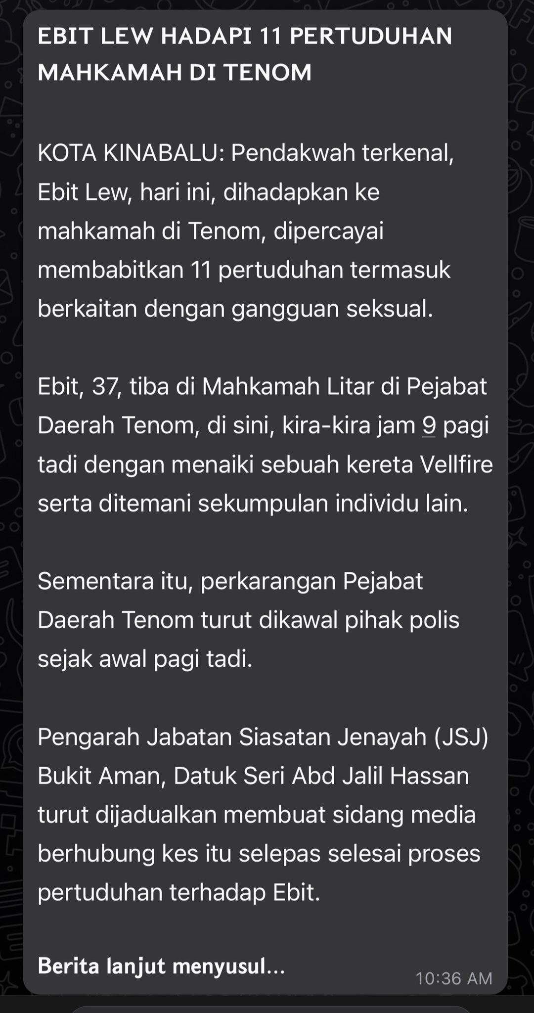 Mohd Adam Hj Arinin on Twitter: "Update Kes Ebit Liew https://t.co/UJDXy01K93" / Twitter