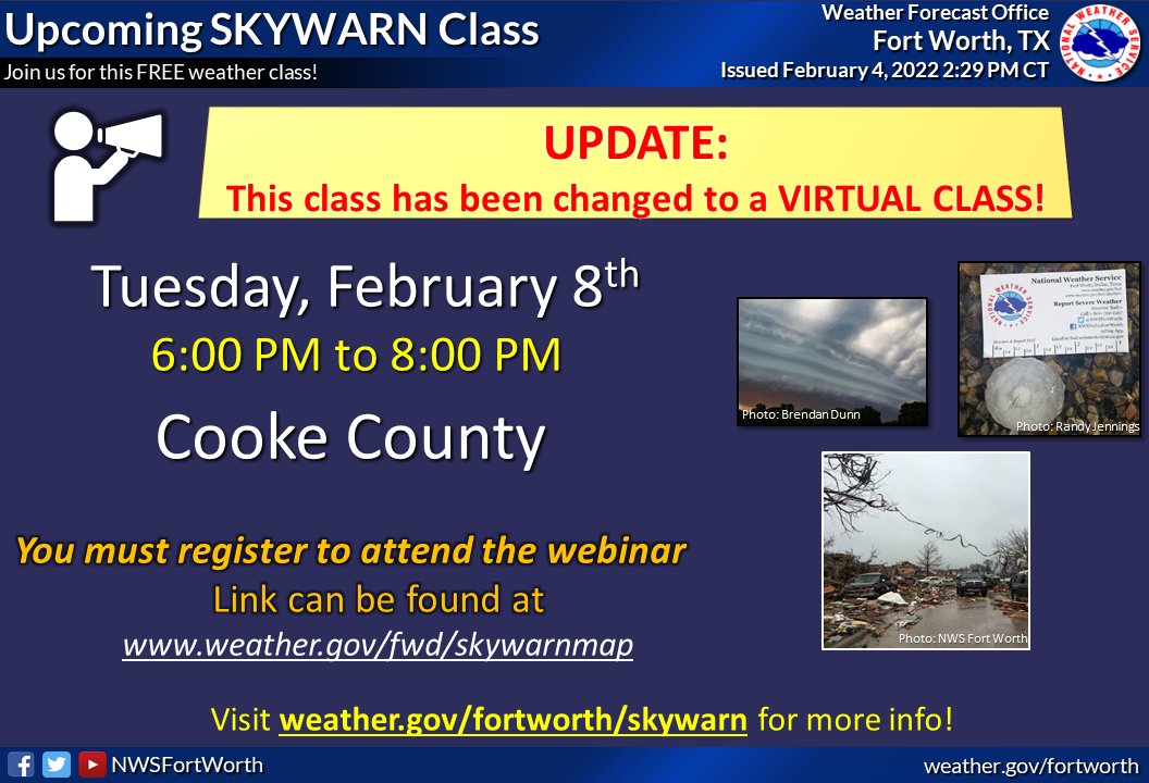 NWS Fort Worth on Twitter: "The Cooke County Skywarn class will be a virtual class this evening ...