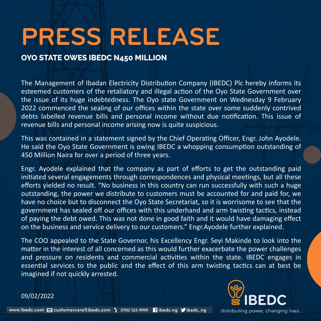 IBEDC on Twitter: "PRESS RELEASE - OYO STATE OWES IBEDC N450 MILLION #ibedc #pressrelease # ...
