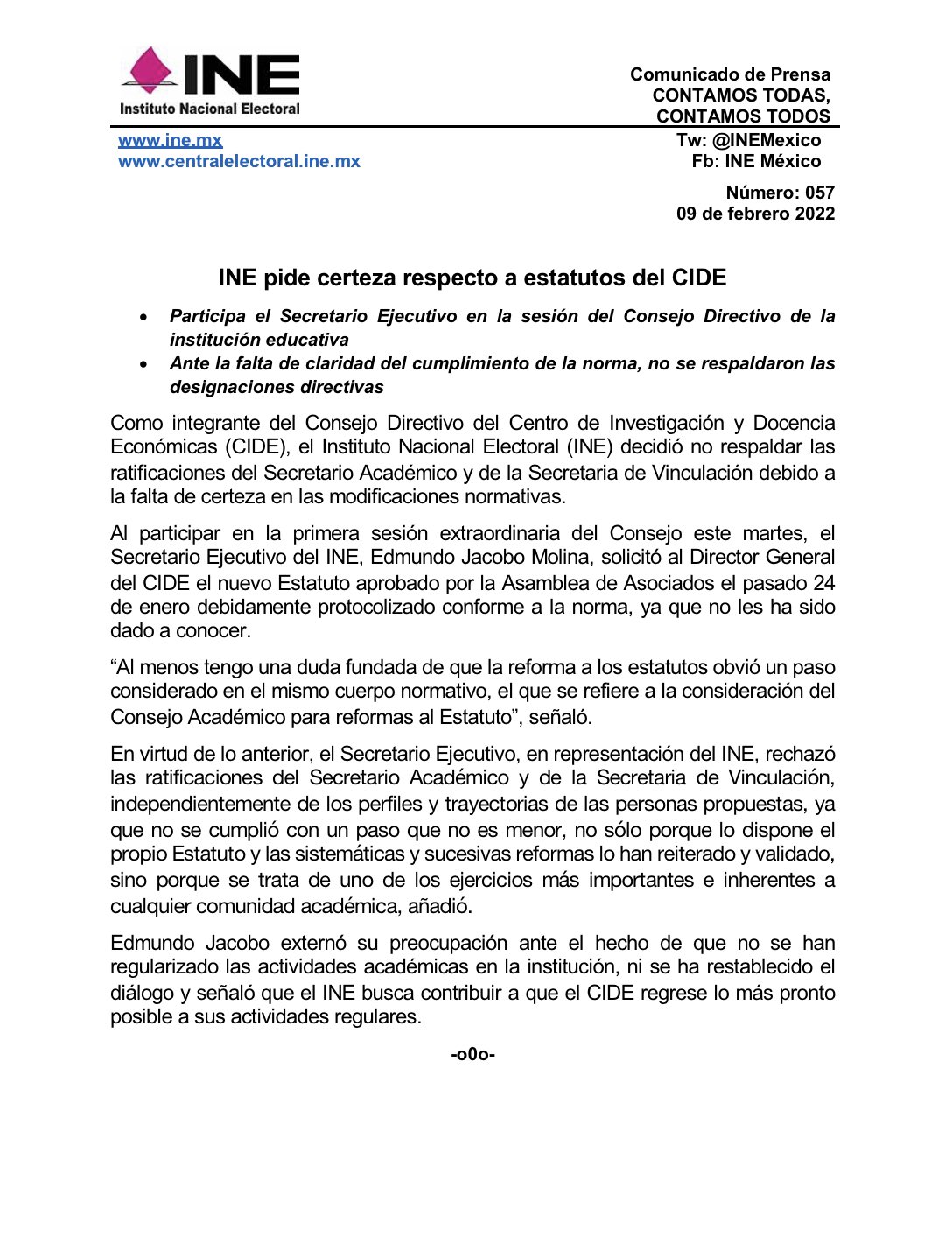 @INEMexico on Twitter: "#BoletínINE | @INEMexico pide certeza respecto a estatutos del CIDE ...