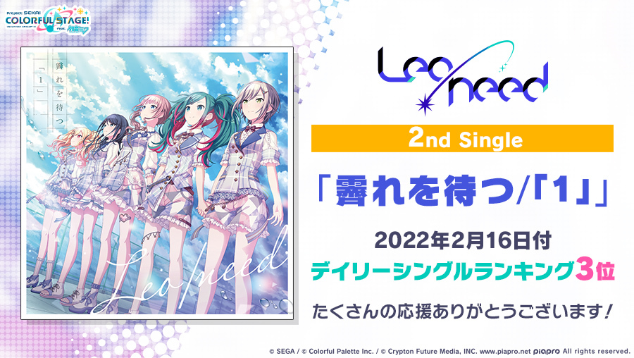 プロジェクトセカイ カラフルステージ！ feat. 初音ミク【プロセカ】 on Twitter: "💫Leo/need 2nd Single 「霽れを待つ/「1」」 オリコン3位にランクイン🎤 ...