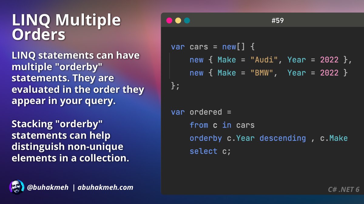 Eric Lippert on Twitter: "That is, we often see attempts to "stack" orderby clauses as from c in ...