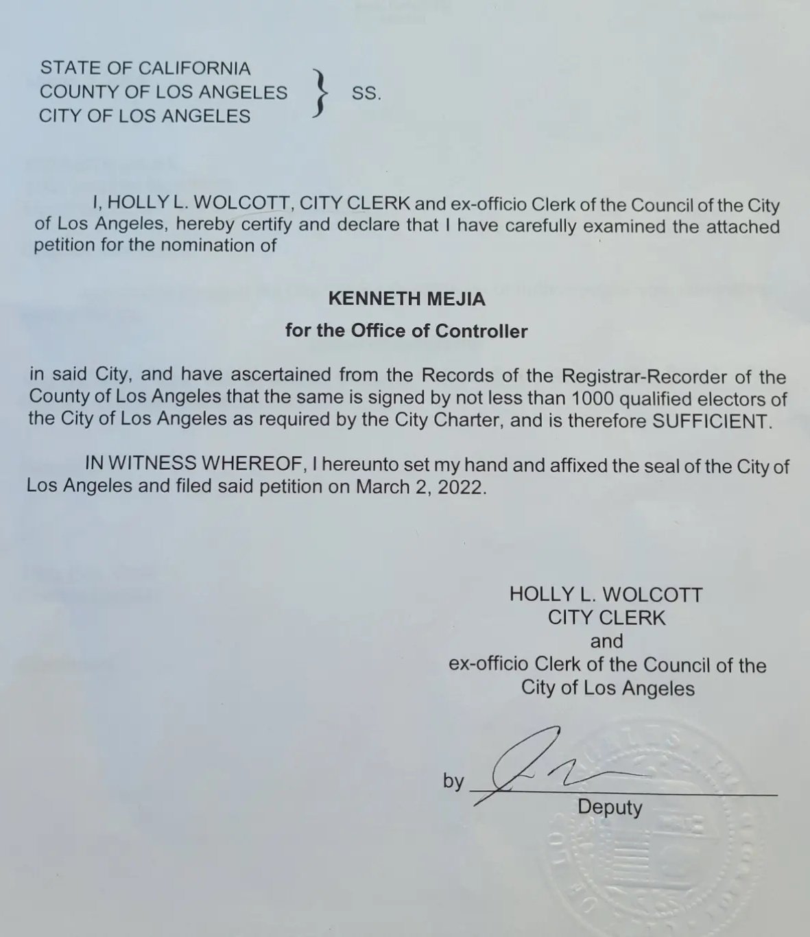Kenneth Mejia, CPA on Twitter: "WE QUALIFED TO GET ON THE BALLOT FOR LOS ANGELES CITY CONTROLLER ...