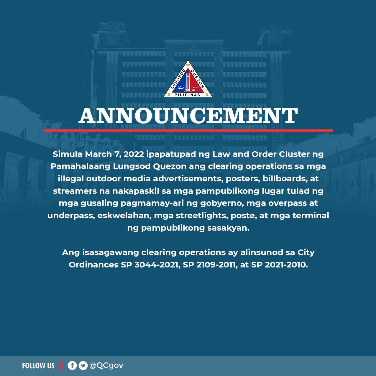 Quezon City Government on Twitter: "Simula March 7, 2022 ipapatupad ng Law and Order Cluster ng ...