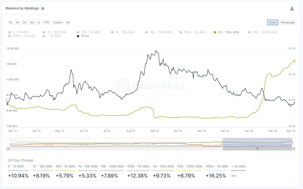 IntoTheBlock on Twitter: "Accumulation continues. The balance held by addresses with 1m-10m $ADA ...
