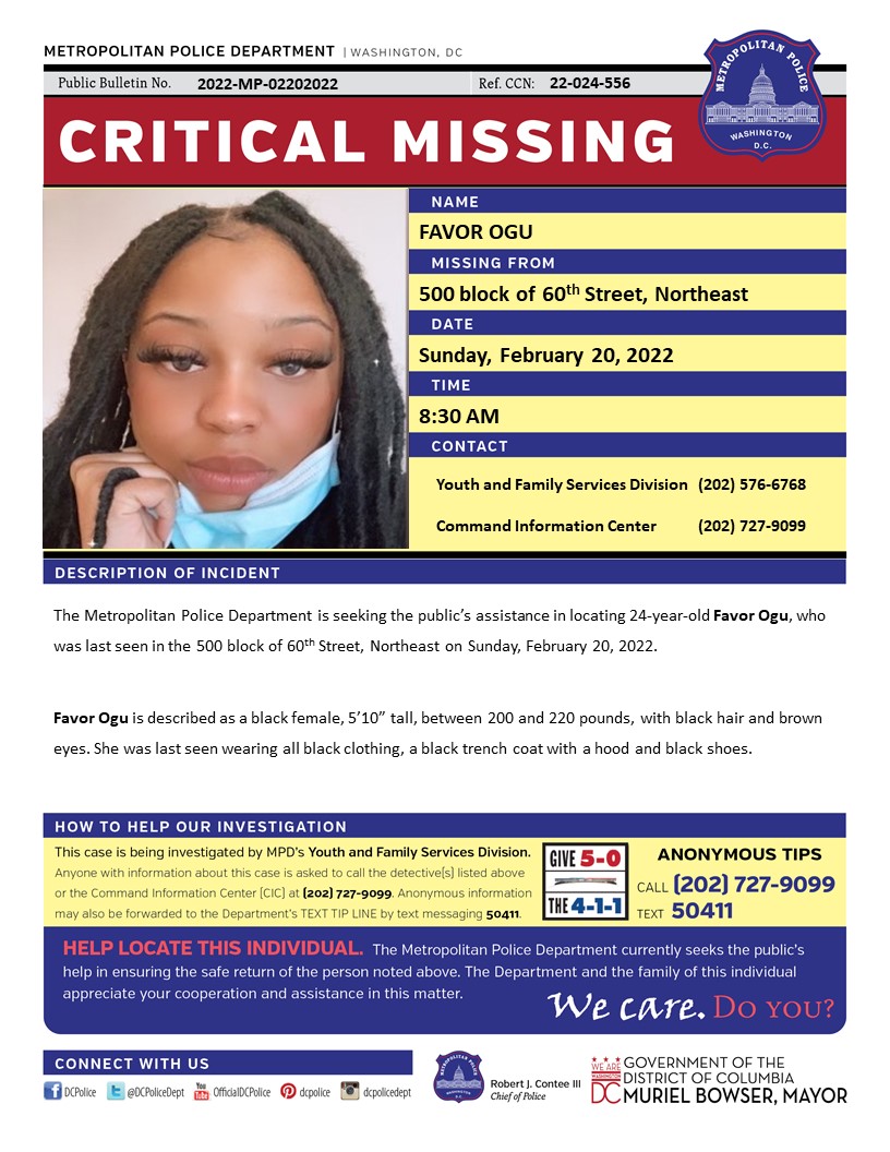 DC Police Department on Twitter: "Critical #MissingPerson 24-year-old Favor Ogu, who was last ...