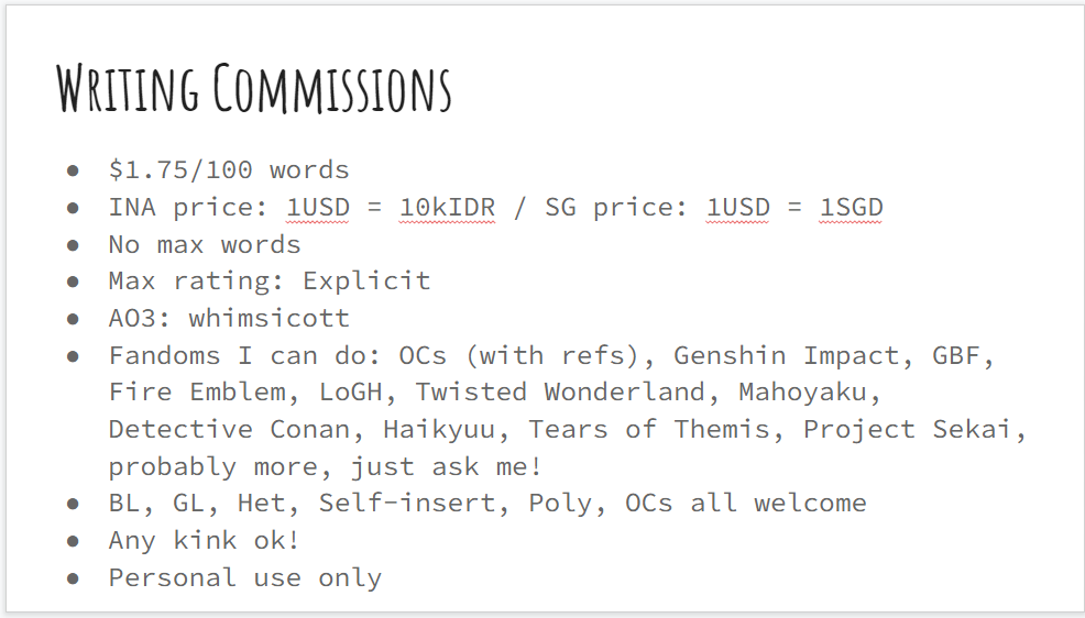 Rey🔞🍡🧋 on Twitter: "RT @ukanomiyaki: [RTs♥] new prices for writing commission, same prices for ...