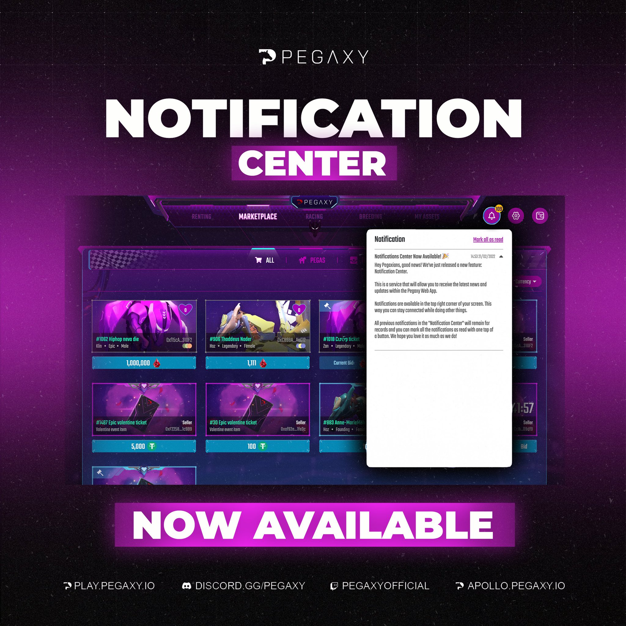 Pegaxy on Twitter: "Notifications Center Now Available! 🎉 Hey Pegaxians, good news! We've just ...