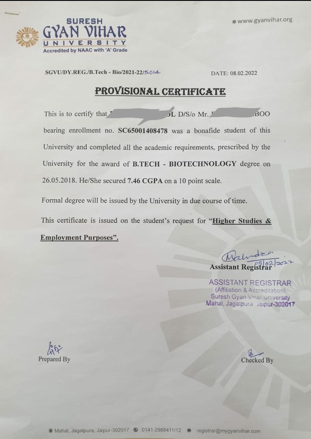 University Degree Certificate 2022