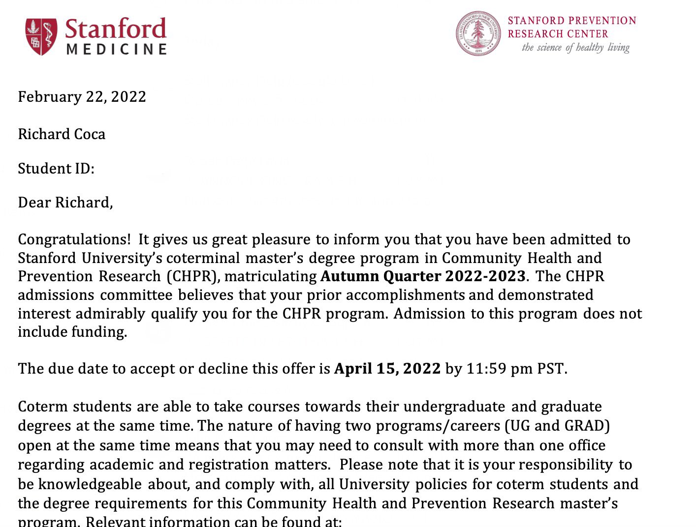 Stanford Acceptance Letter