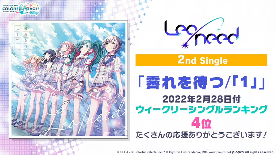 プロジェクトセカイ カラフルステージ！ feat. 初音ミク【プロセカ】 on Twitter: "💫Leo/need 2nd Single 「霽れを待つ/「1」」 オリコンウィークリー4位に ...