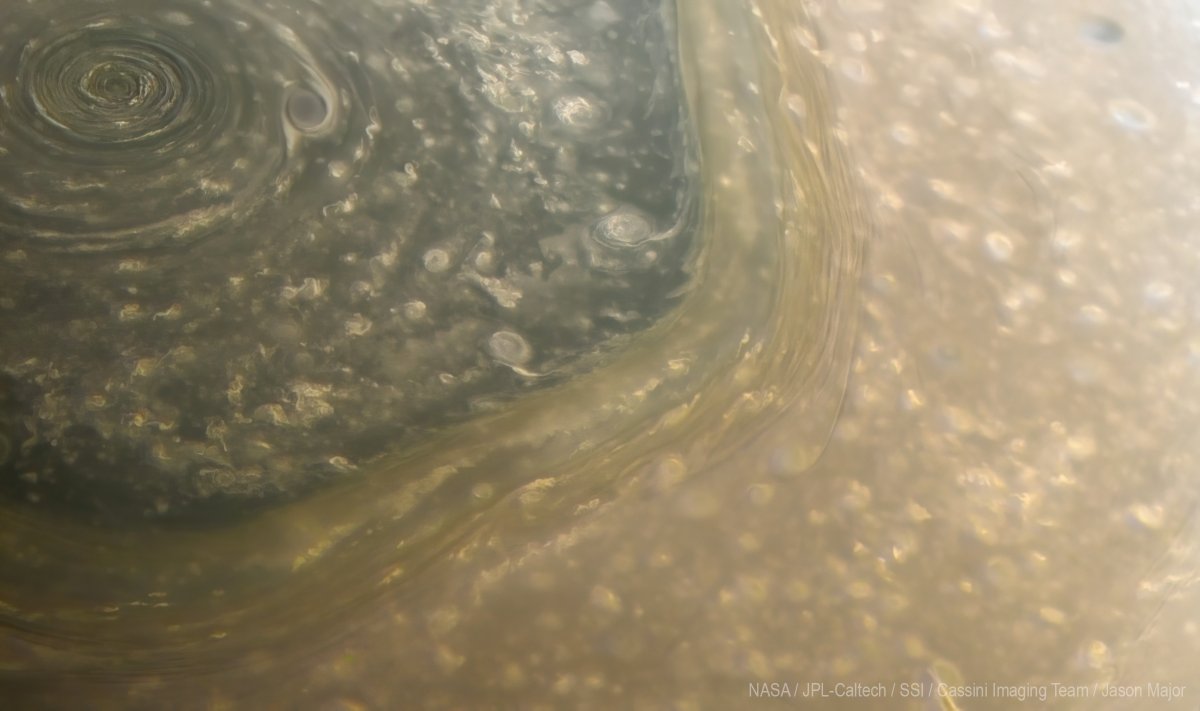 Here’s a closer look at part of Saturn’s polar hexagon and the central ...