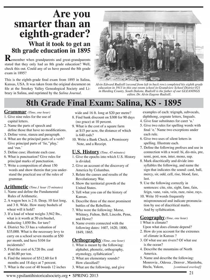 DonPJenn on Twitter: "This is the eighth-grade final exam from 1895 in ...