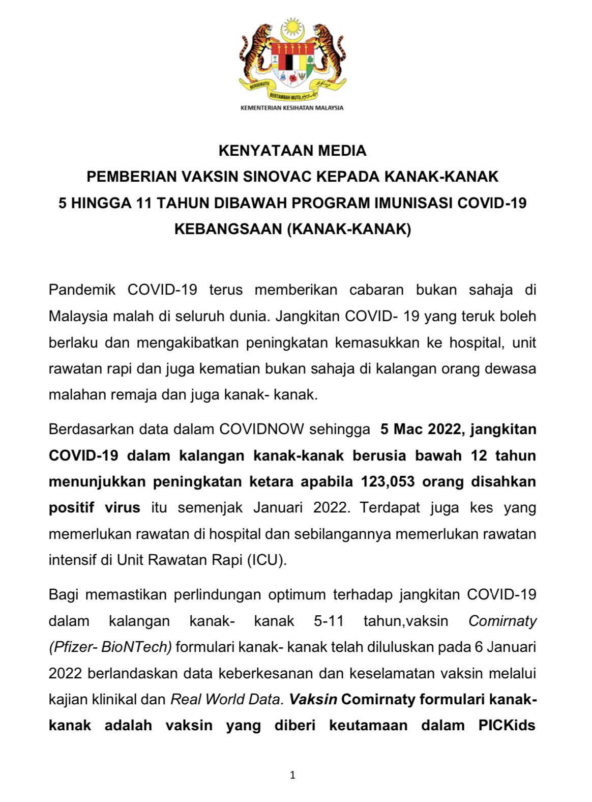 KKMalaysia🇲🇾😷 on Twitter: "Kenyataan Media Kementerian Kesihatan Malaysia Pemberian Vaksin ...