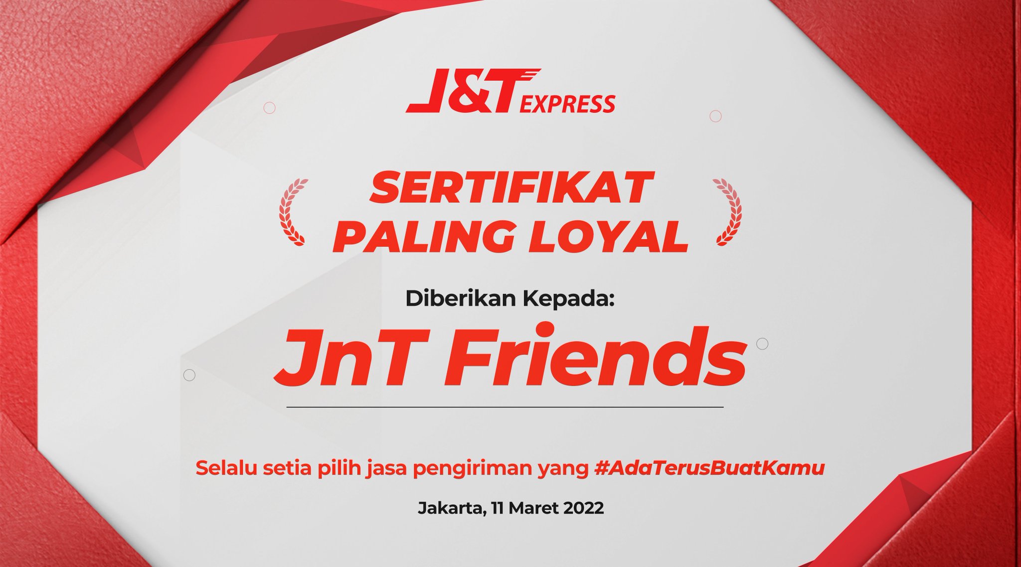 J&T Express Indonesia on Twitter: "Dengan ini J&T Express secara bangga memberikan sertifikat ...