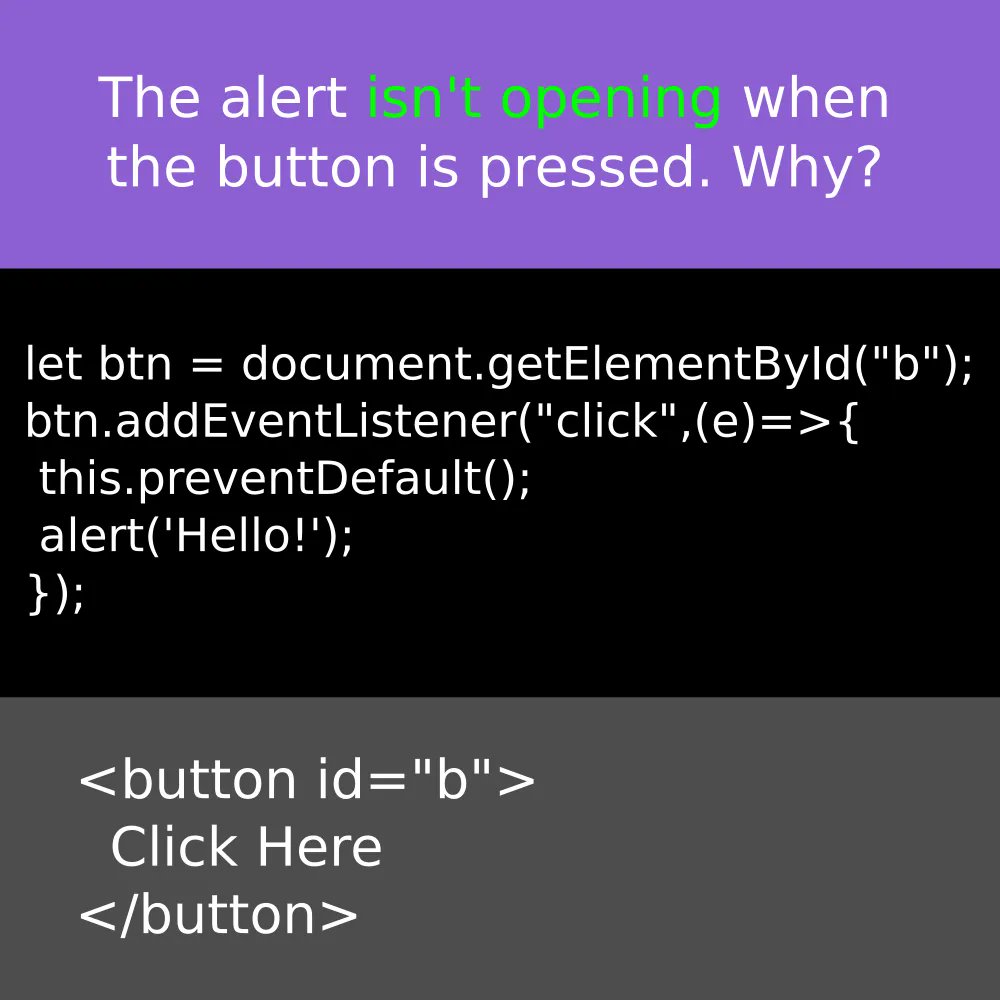 Pirple on Twitter: "The alert isn't opening when the button is pressed. Why? #javascript #js # ...