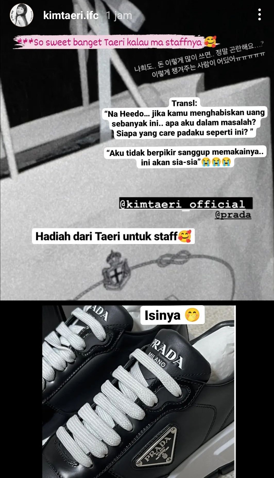 K-Drama Menfess on Twitter: "•kdm• Kim Taeri kasih hadiah ke staff 2521 Sepatu merk Prada dong ...