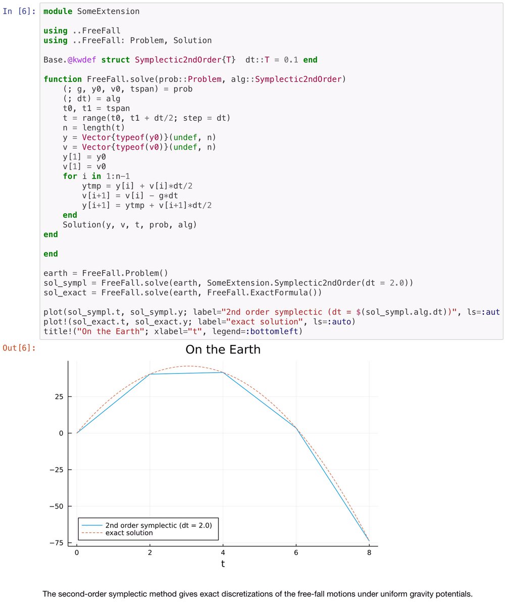 黒木玄 Gen Kuroki on Twitter: "#Julia言語 添付画像①②では自由落下の微分方程式を、exact解、Euler法、シンプレクティック法で数値的に解く函数が定義されて ...