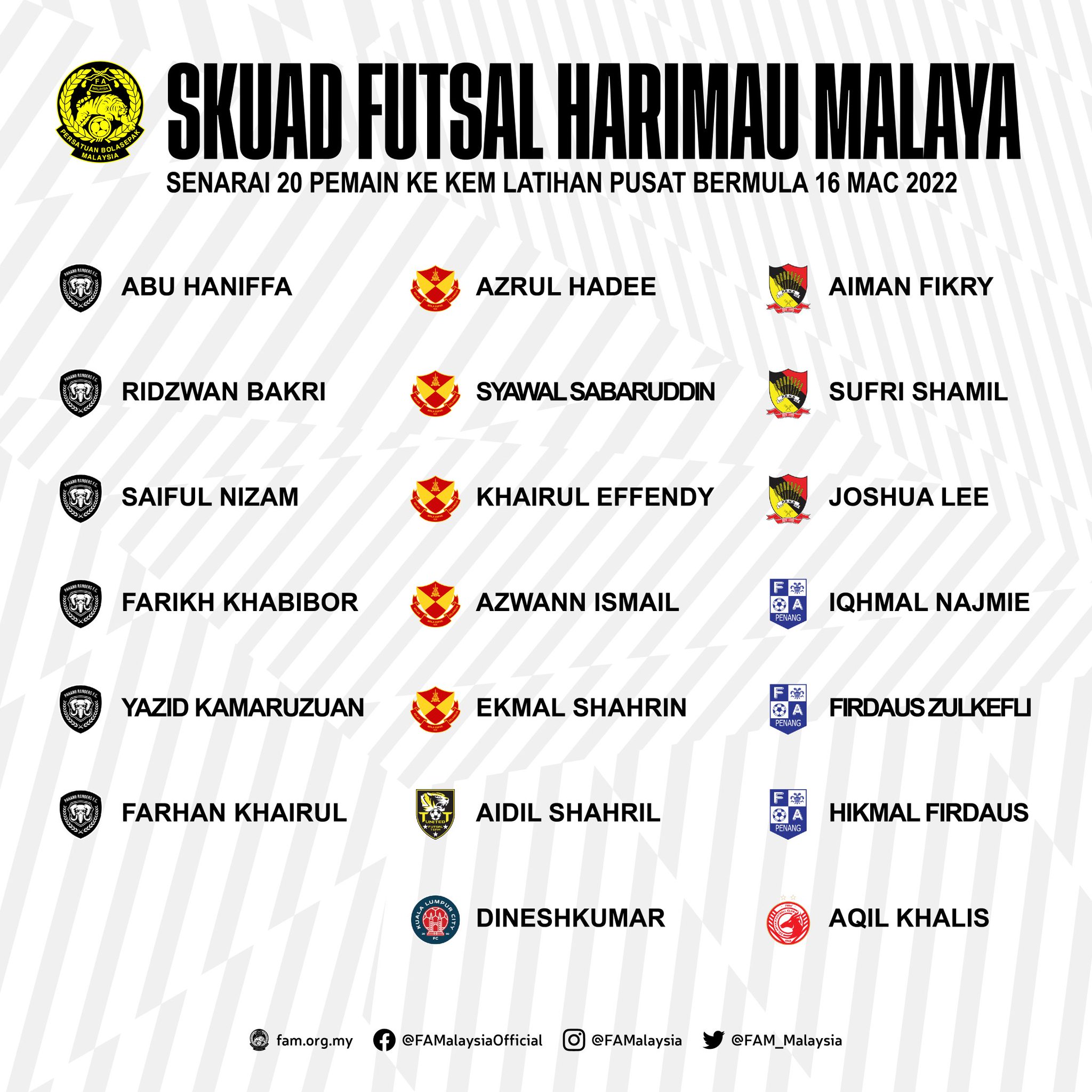 FA Malaysia on Twitter: "Senarai 20 Pemain Ke Kem Latihan Pusat Skuad Futsal Harimau Malaya ...