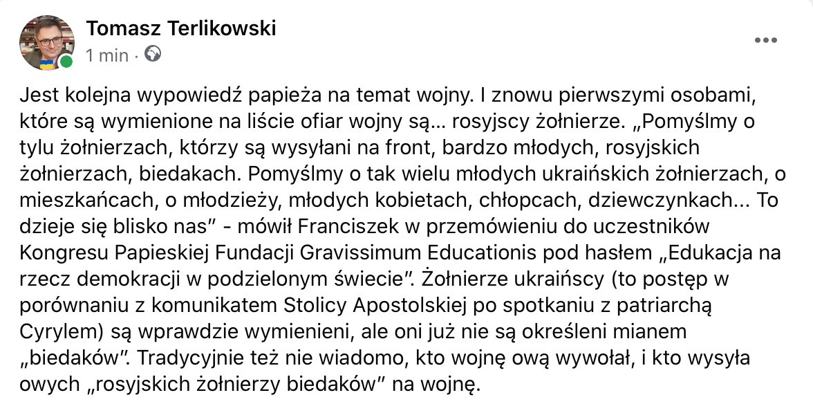 Tomasz Terlikowski on Twitter: "Jest kolejna wypowiedź papieża na temat wojny. I znowu ...