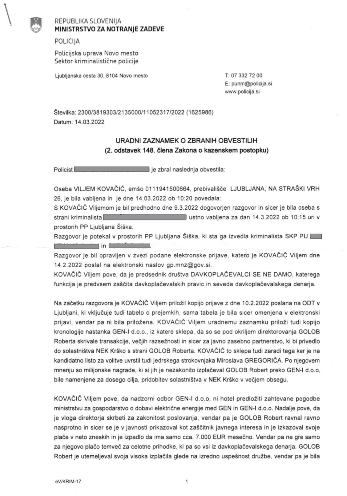 BojanPožar on Twitter: "Zapisnik zaslišanja Vilija Kovačiča na @policija_si, v zvezi z njegovo ...