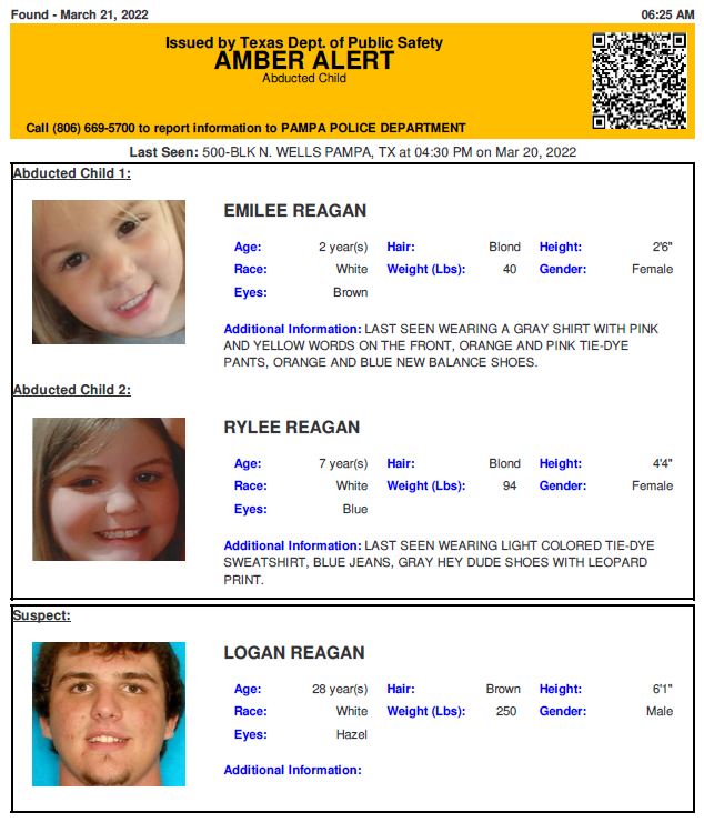 Texas Alerts on Twitter: "DISCONTINUED AMBER ALERT for Emilee Reagan and Rylee Reagan from Pampa ...