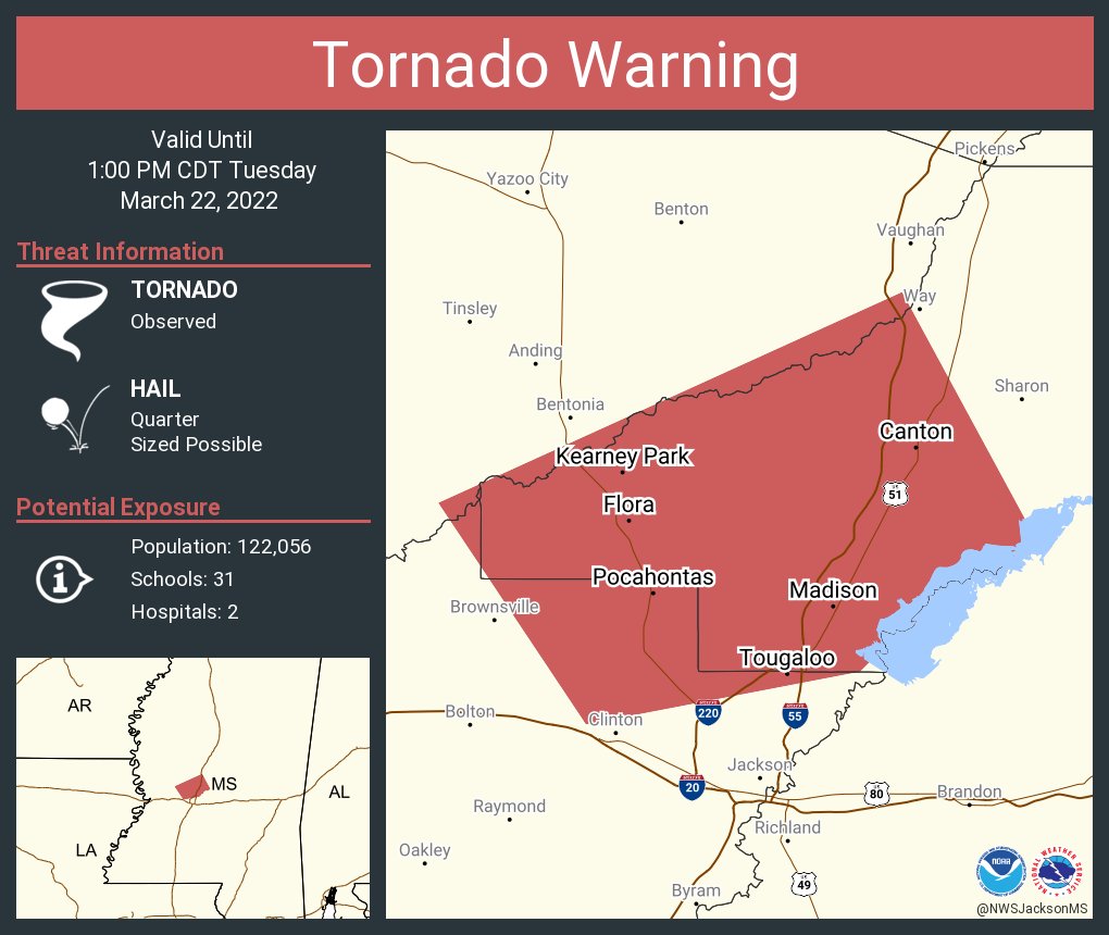 NWS Tornado on Twitter: "Tornado Warning continues for Madison MS, Ridgeland MS, Canton MS until ...