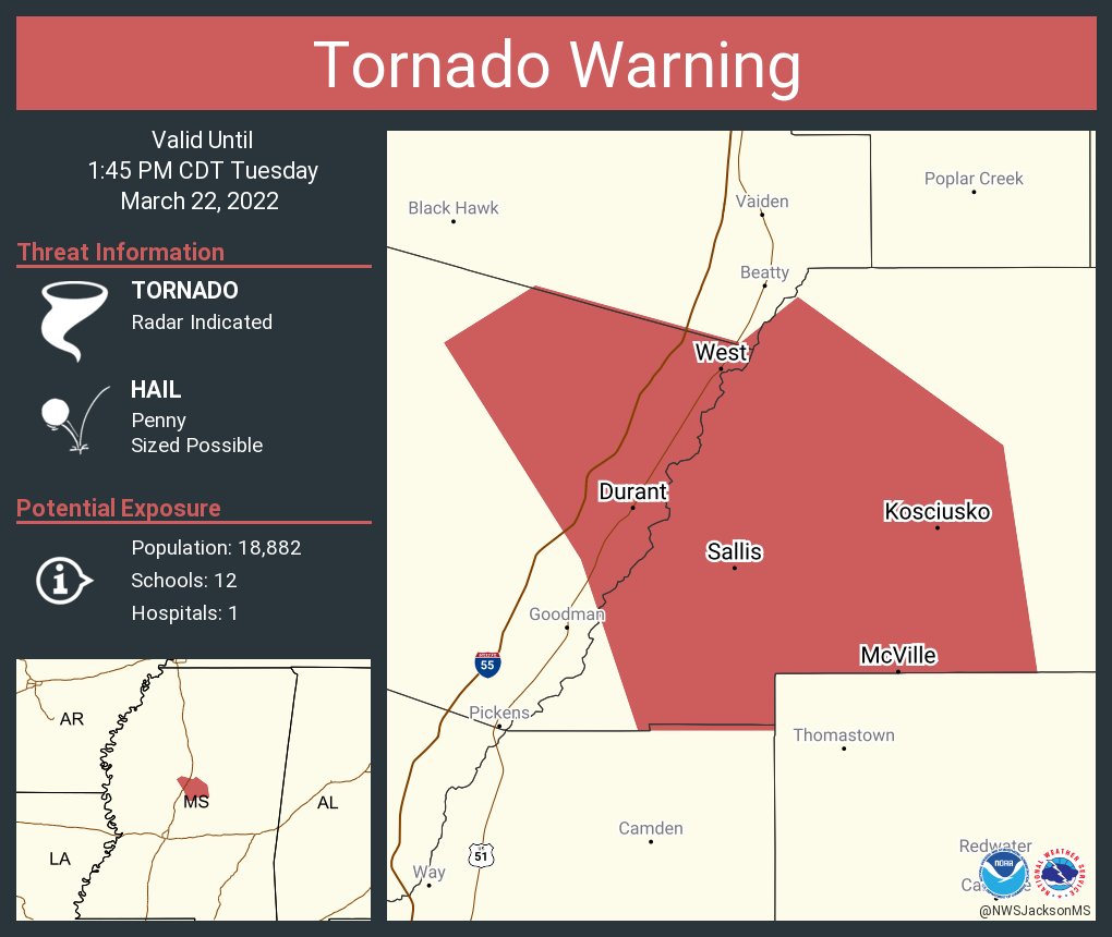 NWS Tornado on Twitter: "Tornado Warning continues for Kosciusko MS, Durant MS, West MS until 1: ...