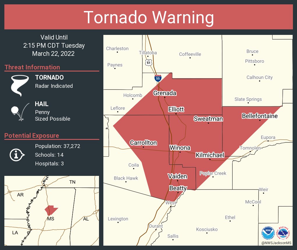 NWS Tornado on Twitter: "Tornado Warning including Grenada MS, Winona MS, Elliott MS until 2:15 ...