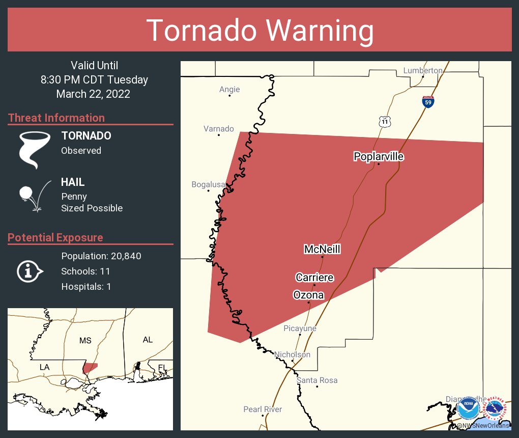 NWS Tornado on Twitter: "Tornado Warning continues for Poplarville MS, Carriere MS, McNeill MS ...