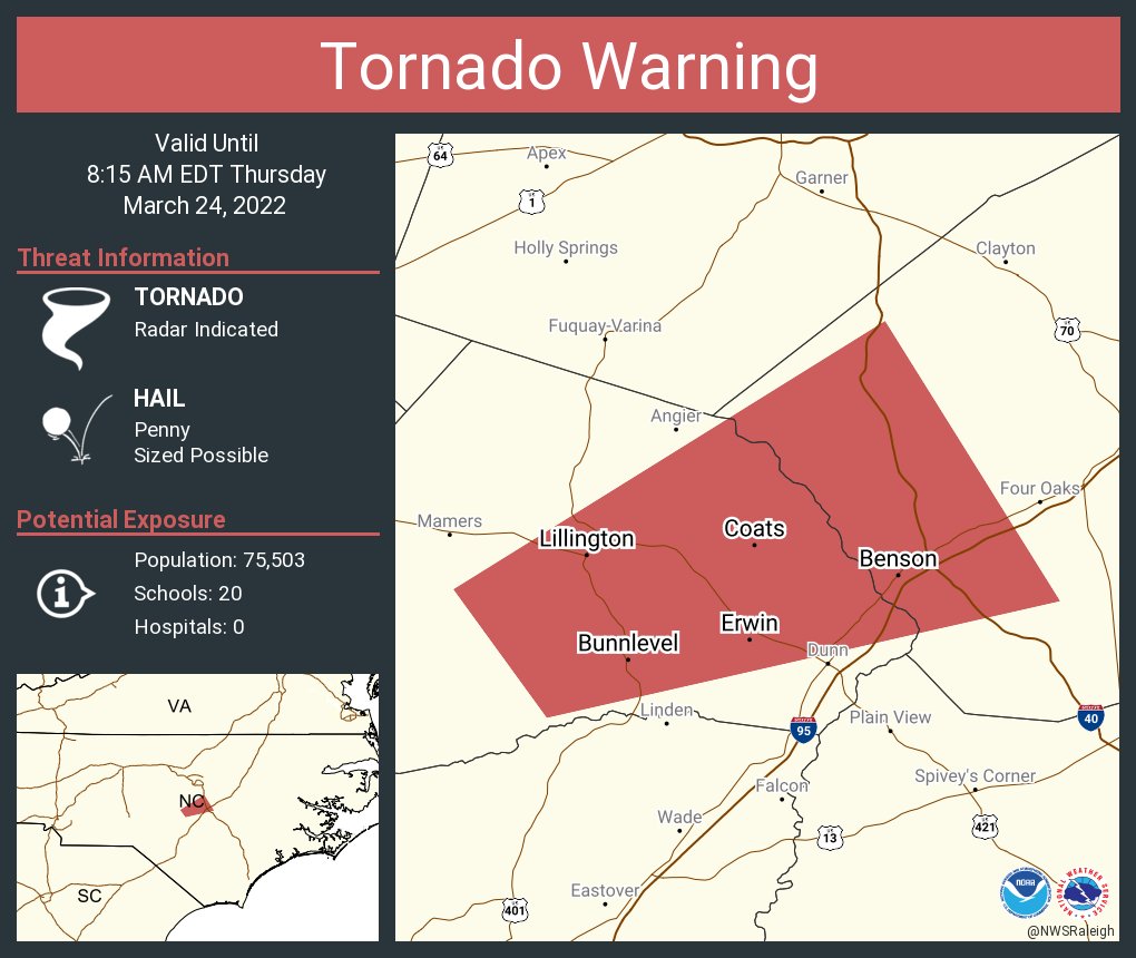NWS Tornado on Twitter: "Tornado Warning including Erwin NC, Benson NC, Lillington NC until 8:15 ...