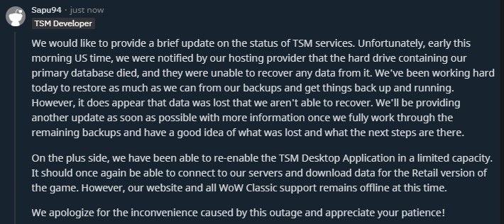 TradeSkillMaster on Twitter: "We'd like to provide a brief update on the status of TSM services ...