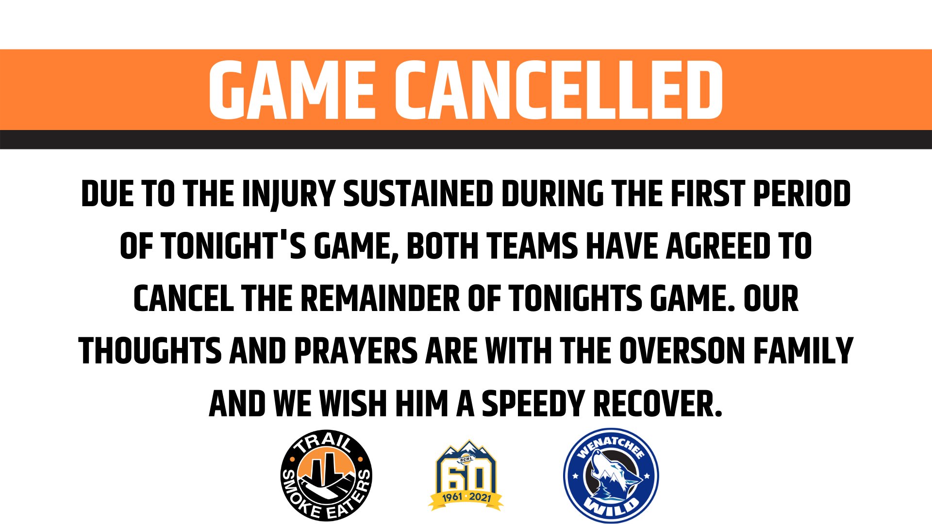 Trail Smoke Eaters on Twitter: "Due to the injury sustained in the first period tonight in our ...