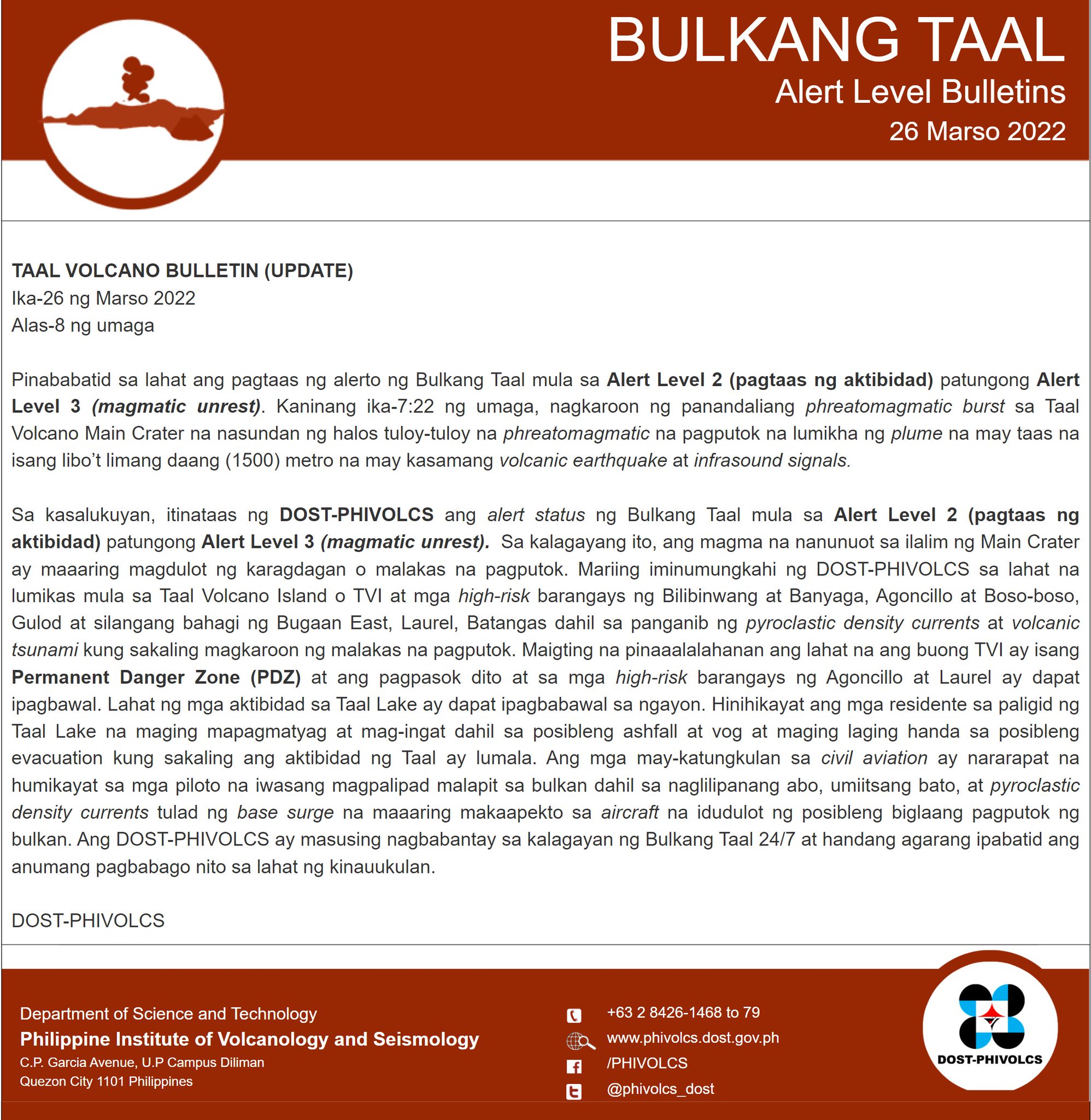 PHIVOLCS-DOST on Twitter: "BULKANG TAAL Ika-26 ng Marso 2022 Ika-8 ng umaga #TaalVolcano https ...
