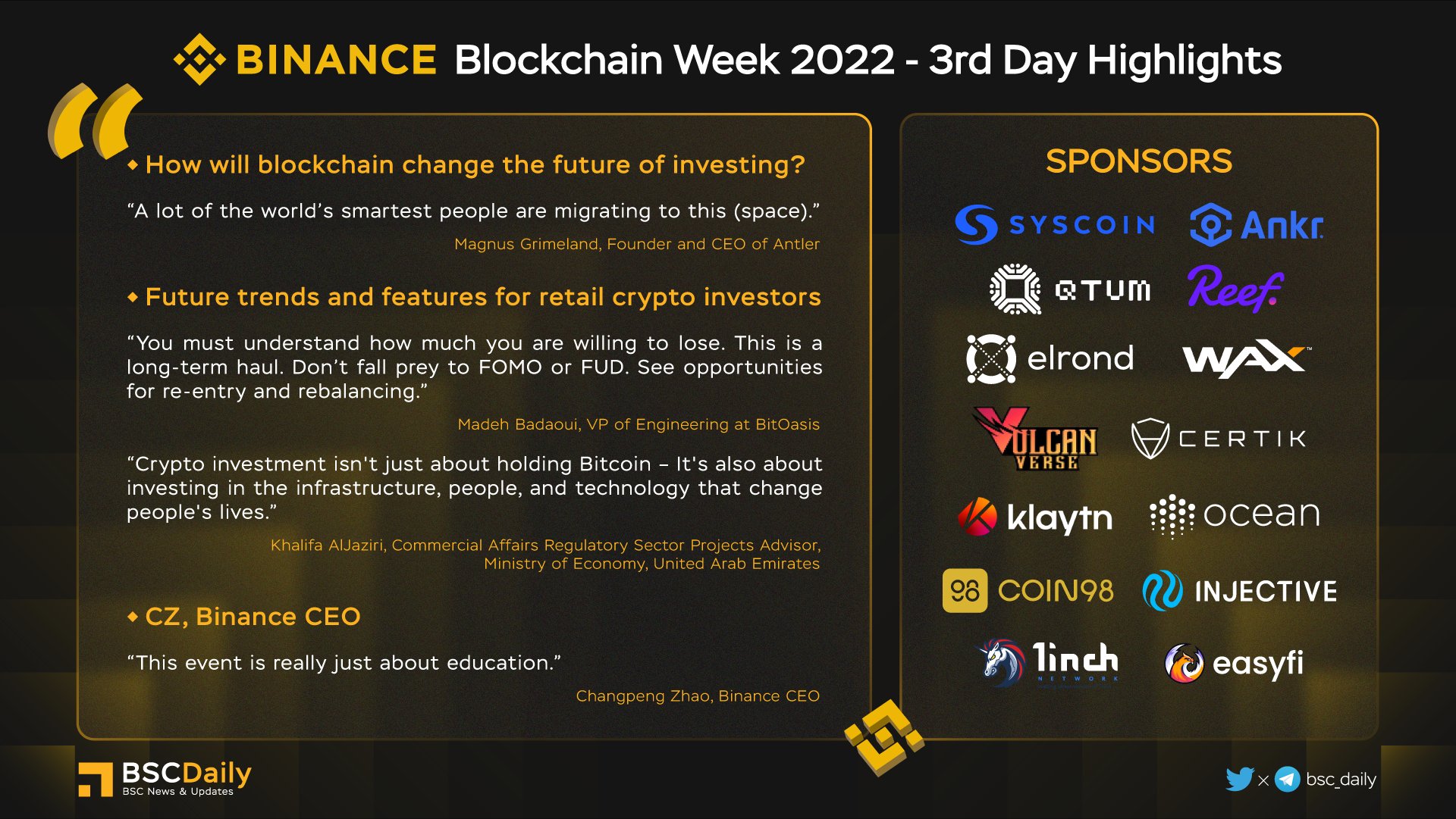BSCDaily on Twitter: "🔥 @binance BLOCKCHAIN WEEK 2022 - 3RD DAY HIGHLIGHTS🚀 🗓️Binance Blockchain ...