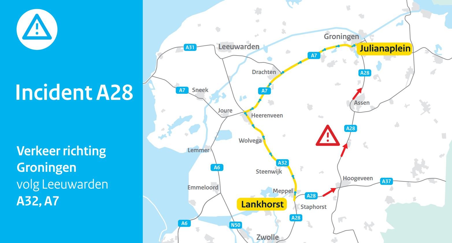 Rijkswaterstaat Verkeersinformatie on Twitter: "Bij Zuidwolde op de #A28 naar Assen is een ...