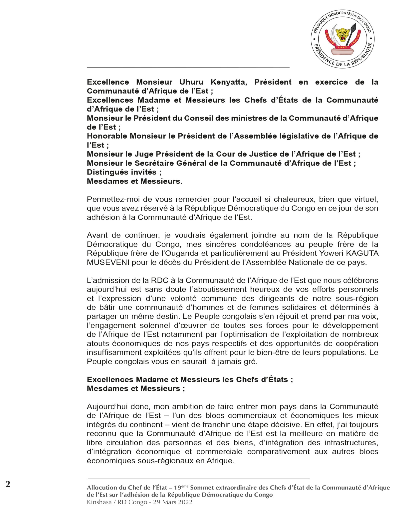 Présidence RDC 🇨🇩 on Twitter: "#RDC_AdhesionEAC 29.03.2022/#Kinshasa Discours du Président de la ...