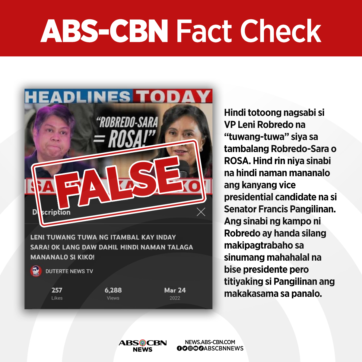 ABS-CBN News on Twitter: "#ABSCBNFactCheck Rating: FALSE FACT CHECK: Ang sinabi ng Robredo camp ...