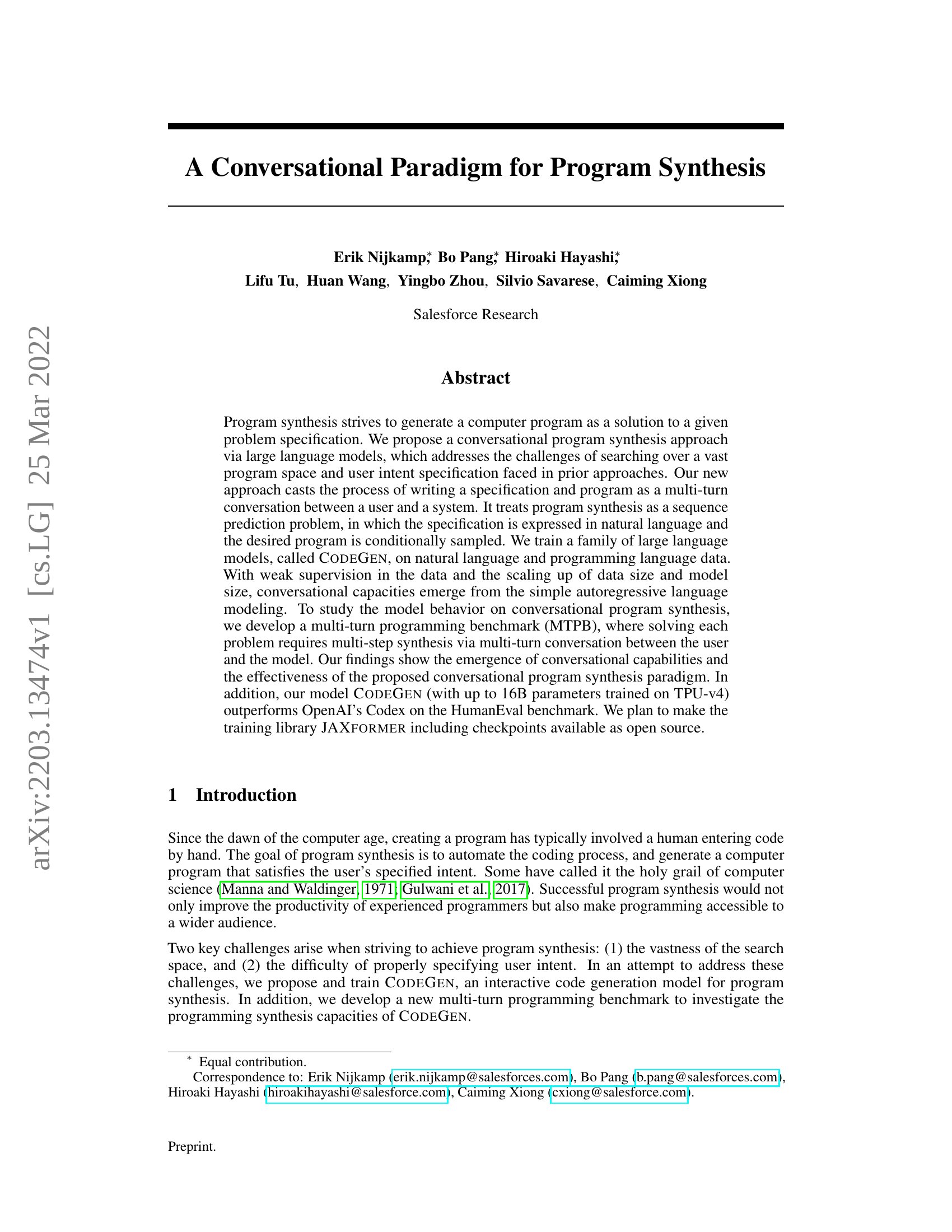 Erik Nijkamp on Twitter: "Our model CodeGen (up to 16.1B trained on TPU-v4) is open-source ...