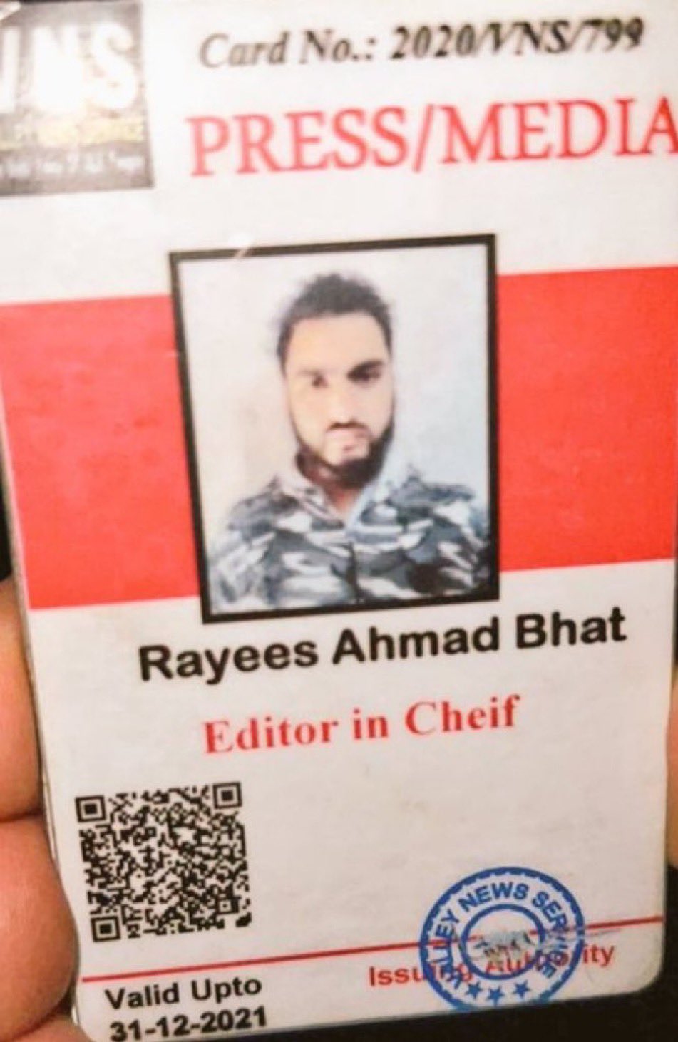 Rishi Bagree on Twitter: "A Journalist named Rayees Ahmad Bhat who ran a news portal 'Valley ...