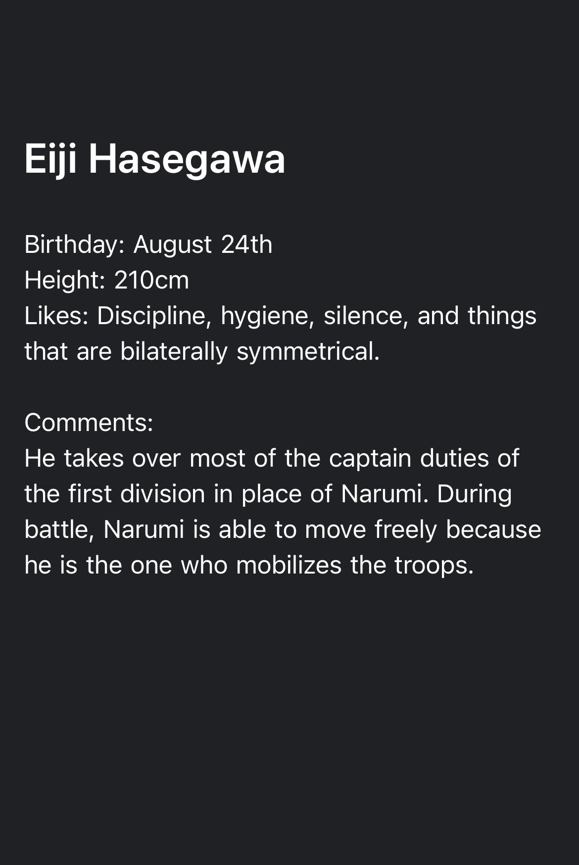 Kaiju No.8 / 怪獣8号 on Twitter: "Eiji Hasegawa profile from Kaiju No.8 volume 6. #KaijuNo8 #怪獣8号 ...