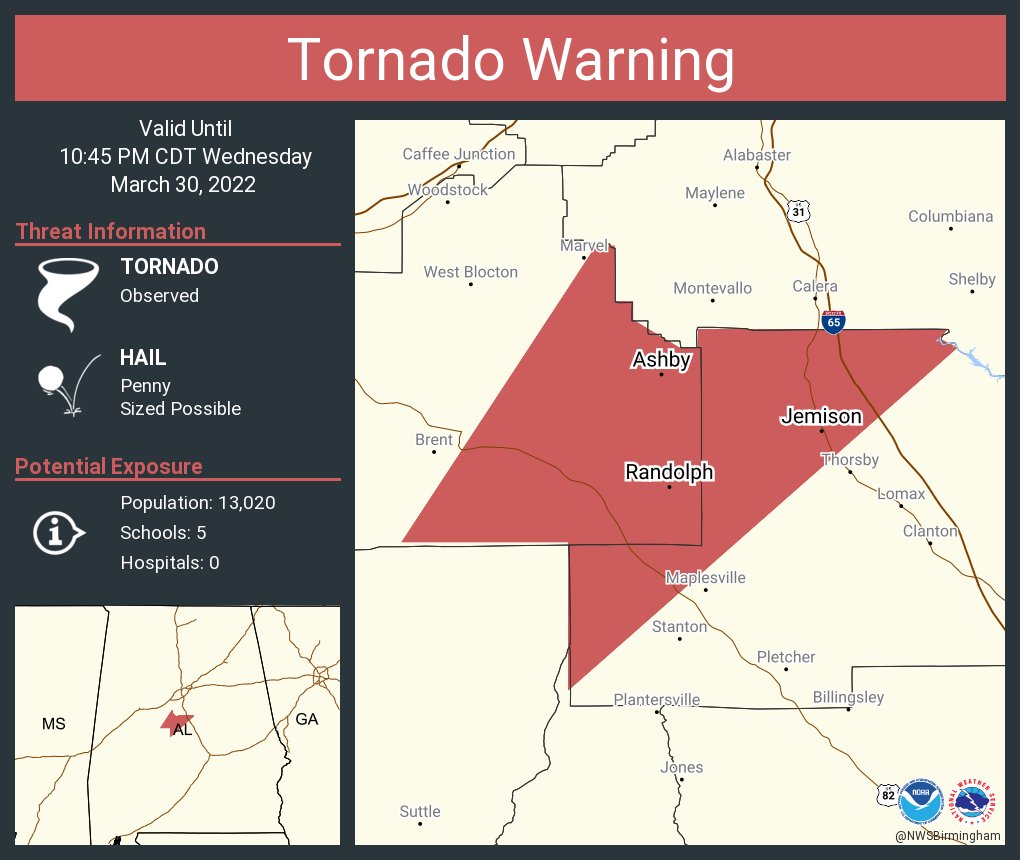 NWS Tornado on Twitter: "Tornado Warning including Jemison AL, Ashby AL, Lawley AL until 10:45 ...