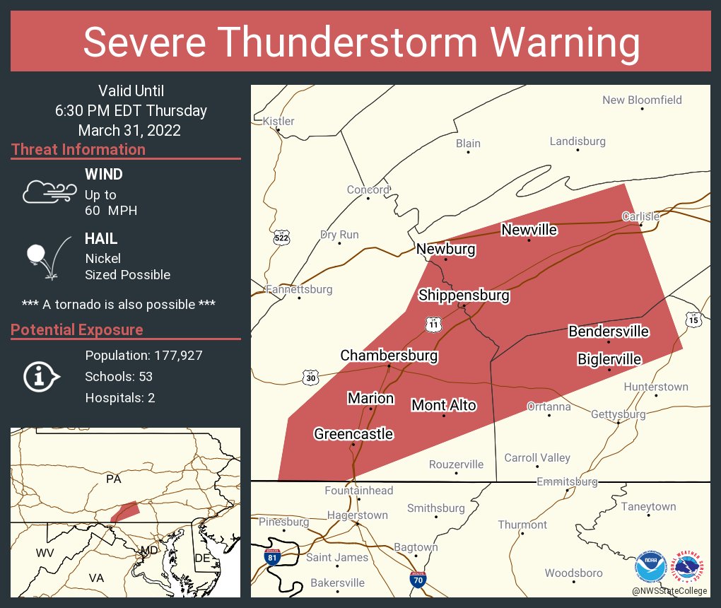 NWS State College on Twitter: "Severe Thunderstorm Warning continues for Chambersburg PA ...