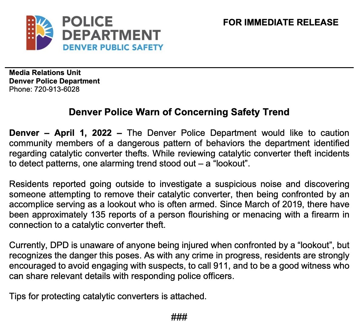 Denver Police Dept On Twitter Release Denver Police Warn Of
