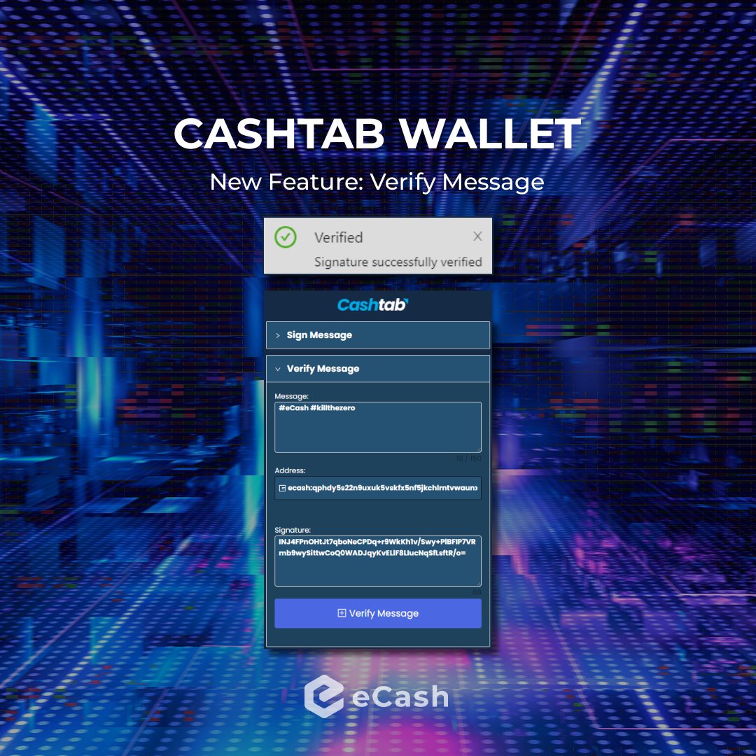 eCash on Twitter: "🆕 #Cashtab Feature! 😊 ☑️ Verify Message: Now you can verify a signed message ...
