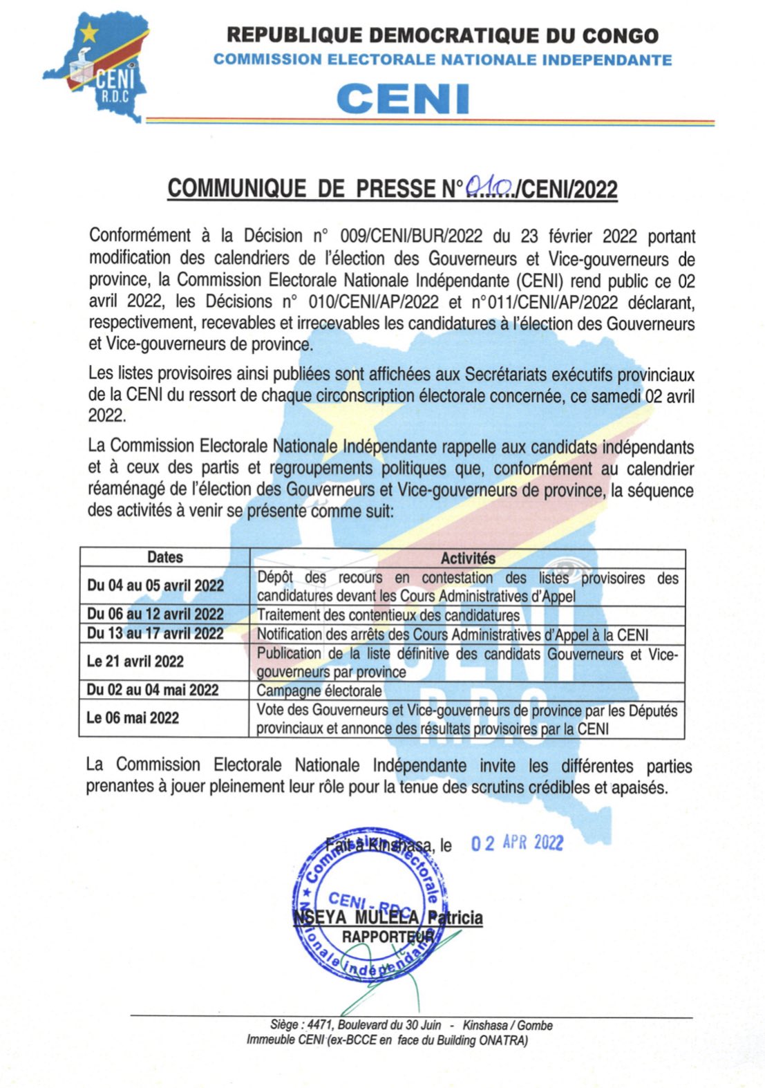 Ceni-RDC on Twitter: "COMMUNIQUÉ | N °010/CENI/2022 déclarant respectivement recevables et ...