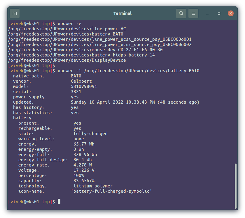 nixCraft on Twitter: "Did you know? You can use the upower command under Linux to list your ...
